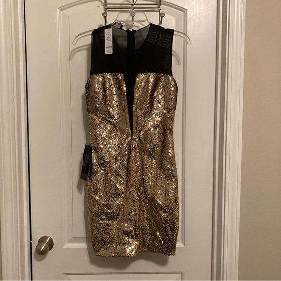 bebe | Dresses | Black Mesh And Gold Sequin Bebe Cocktail Dress | Poshmark